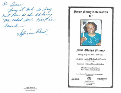 "Mrs. Gladys Mincey"