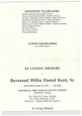 "Reverend Willie Daniel Kent, Sr."