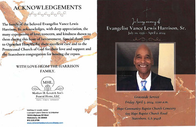 "Evangelist Vance Lewis Harrison, Sr"